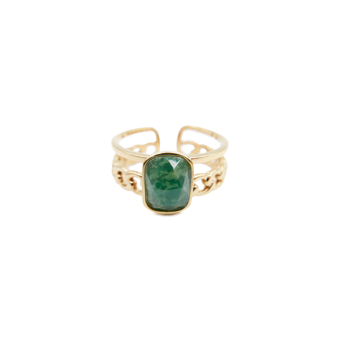 Bague double anneau en acier doré et pierre naturelle de jade vert