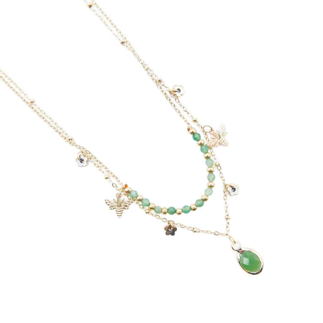 Collier double rang en acier doré, perles vertes, abeilles et fleurs